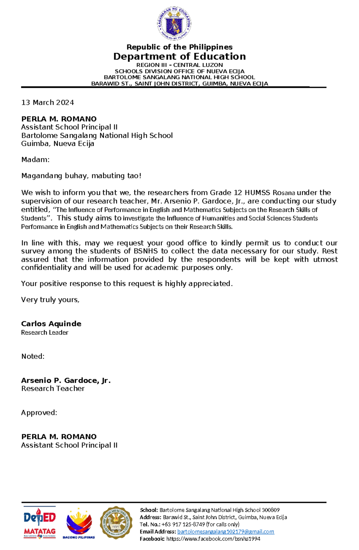 Survey Request Letterg 7 1 - Republic of the Philippines Department of ...