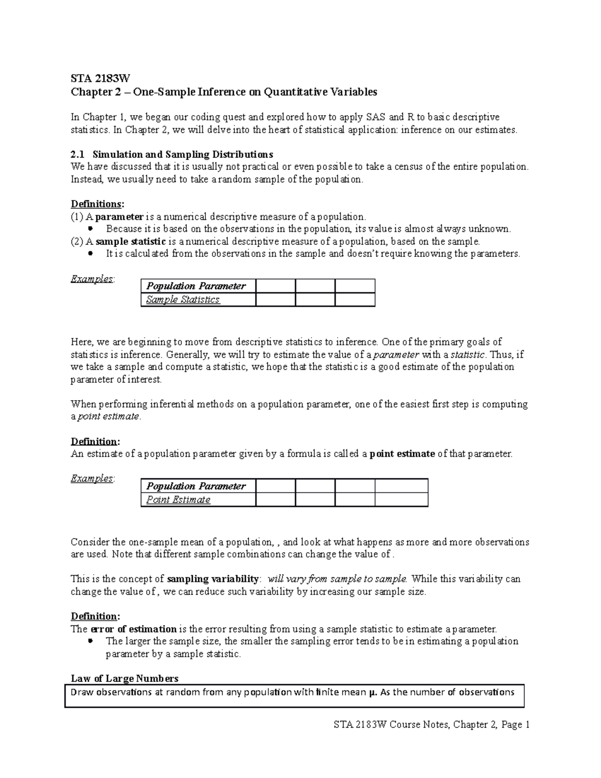 Chapter 2handout - ...s. - STA 2183W Chapter 2 – One-Sample Inference ...