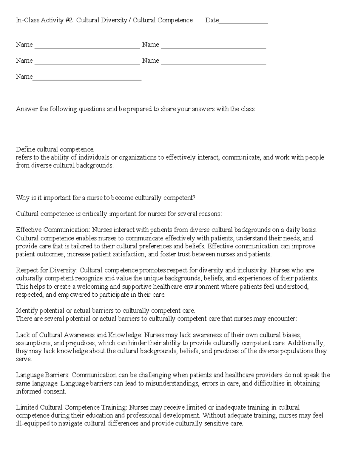Activity#2 Cultural Diversity Competency - In-Class Activity #2 ...