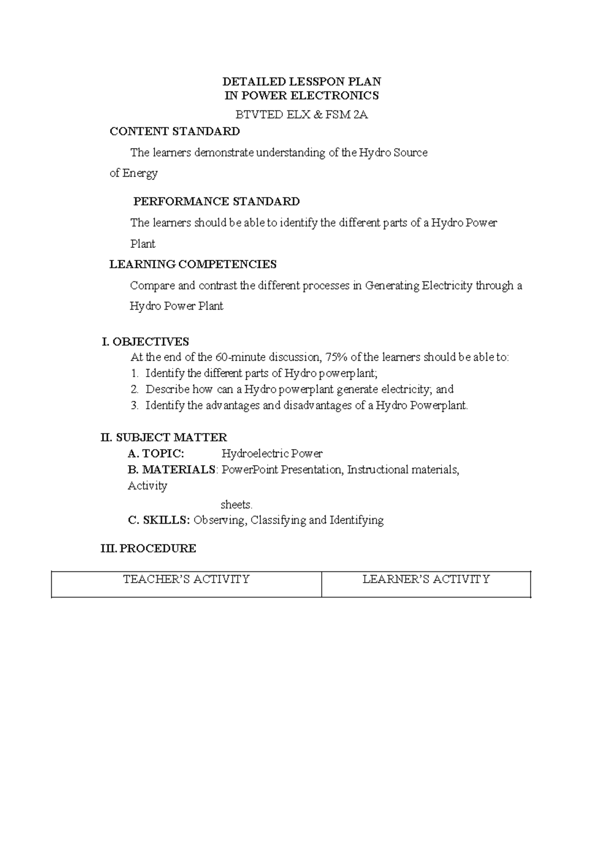 Bryan Unida Detailed Lesson PLAN 1 - DETAILED LESSPON PLAN IN POWER ...