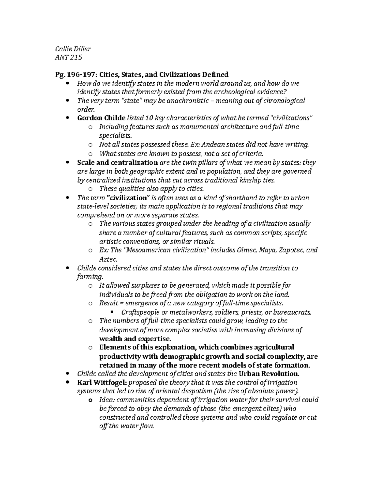 ANT 215 - Exam 1 Readings - Callie Diller ANT 215 Pg. 196-197: Cities ...