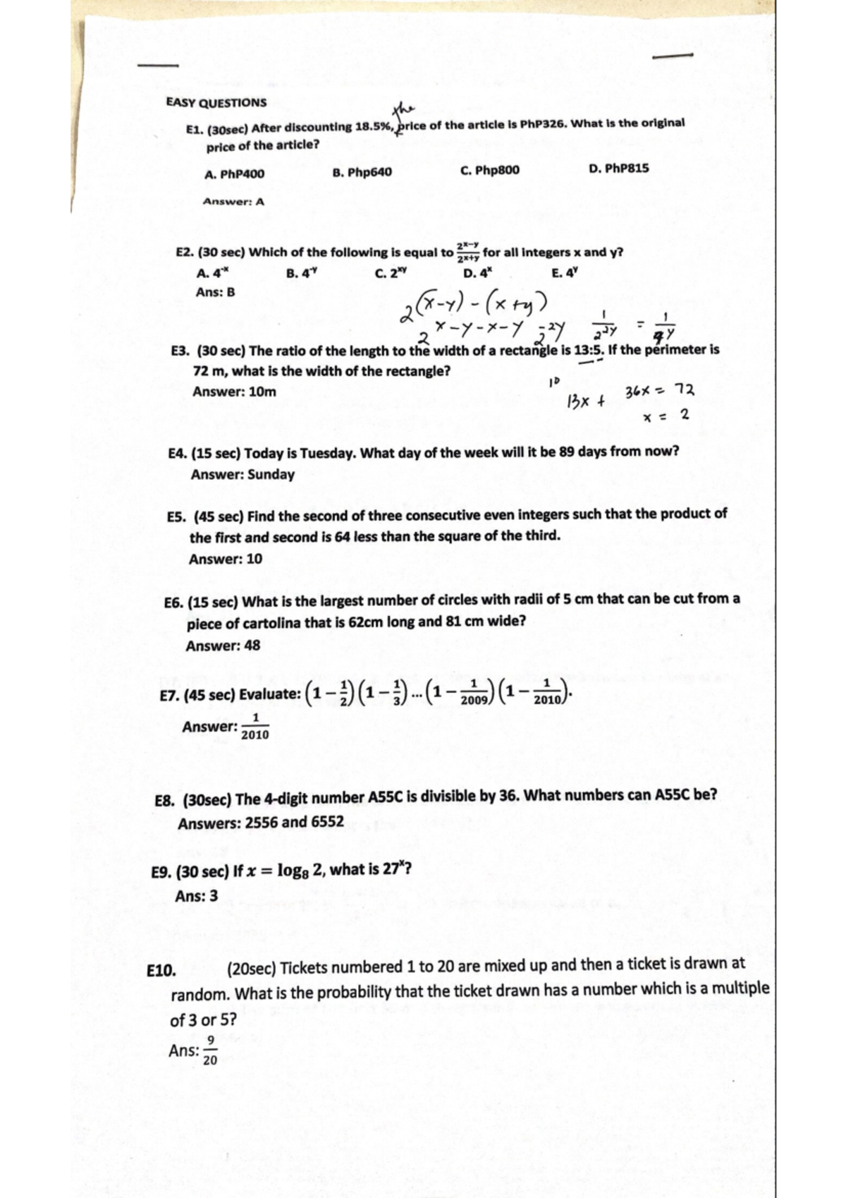 Reviewer-1 - MATH - EASY QUESTIONS E1. (30sec) After discounting price ...