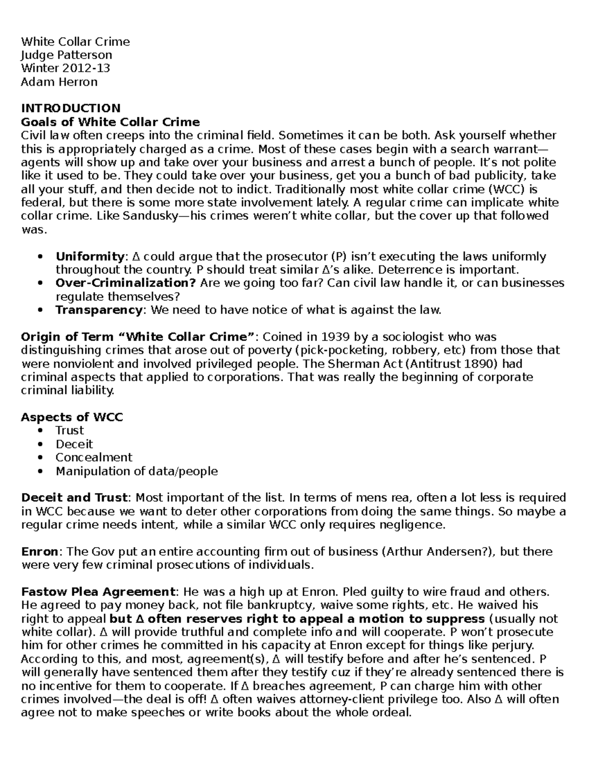WCC Outline - Notes - White Collar Crime Judge Patterson Winter 2012 ...
