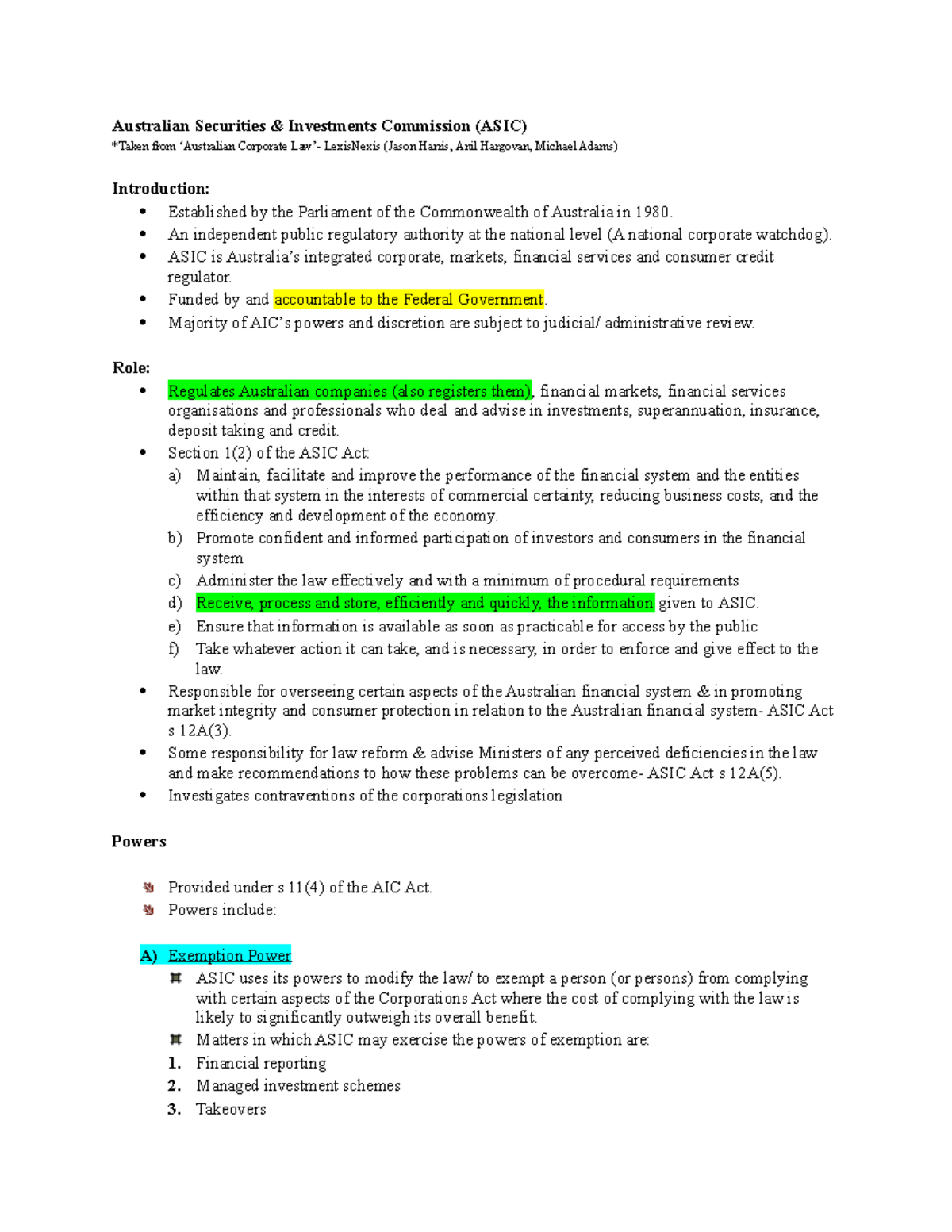 ASIC- roles and powers - Australian Securities Investments Commission ...