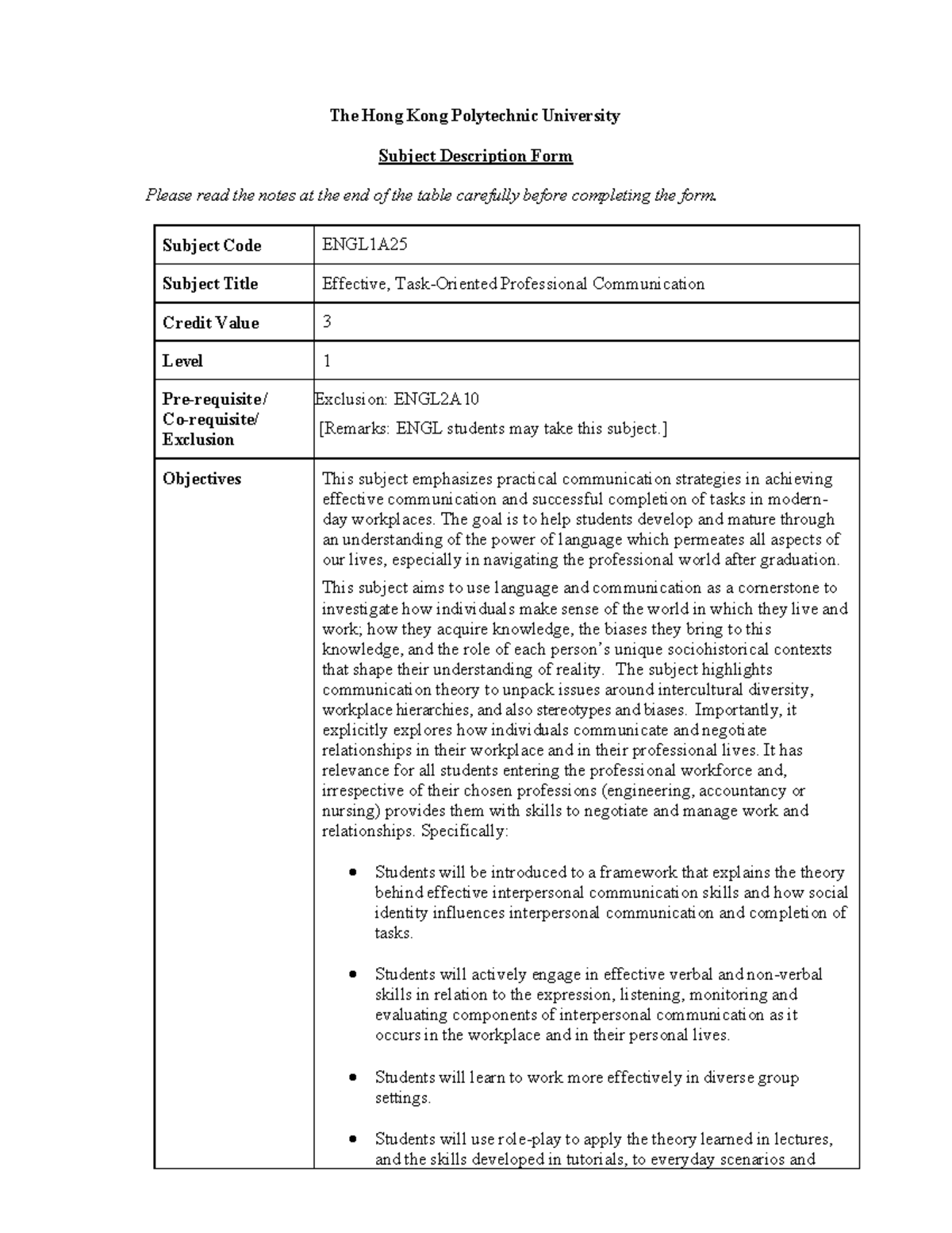 ENGL1A25 outline - The Hong Kong Polytechnic University Subject ...