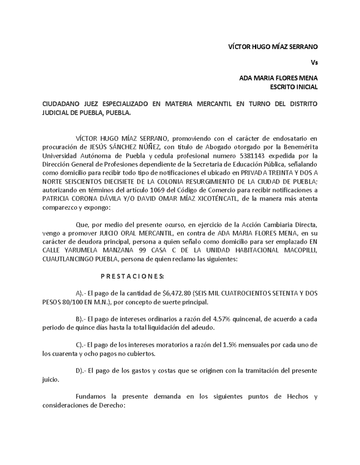 Escrito de Demanda Oral Mercantil - VÍCTOR HUGO MÍAZ SERRANO Vs ADA ...