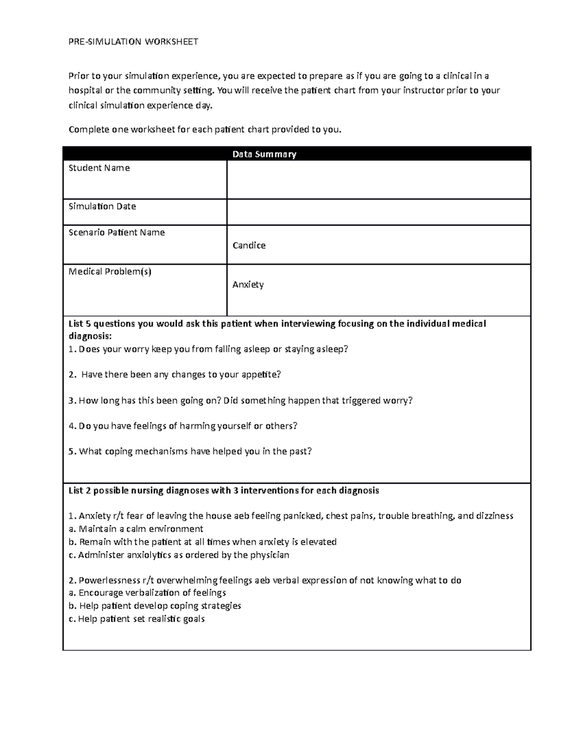 Mental Health PRE-SIM Paperwork - Prior to your simulation experience ...