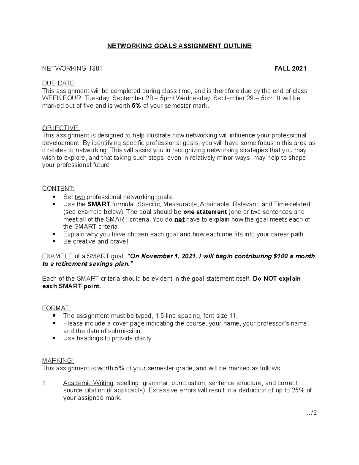 Goal Assignment Outline - NETWORKING GOALS ASSIGNMENT OUTLINE ...