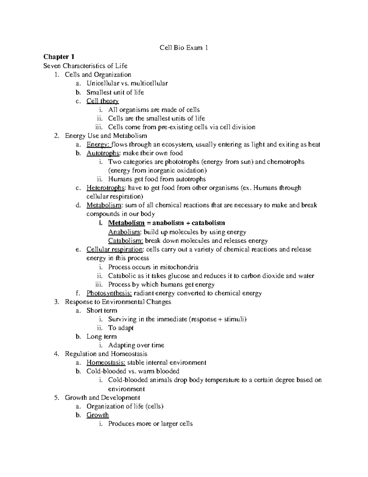 Notes Cell Bio Exam 1 - Cell Bio Exam 1 Chapter 1 Seven Characteristics ...