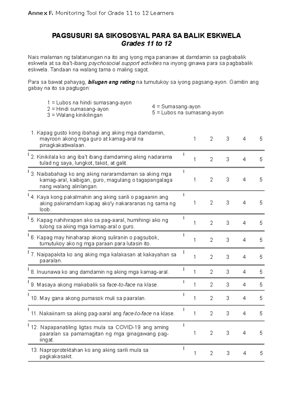PSS Monitoring TOOL SHS - Annex F. Monitoring Tool for Grade 11 to 12 ...