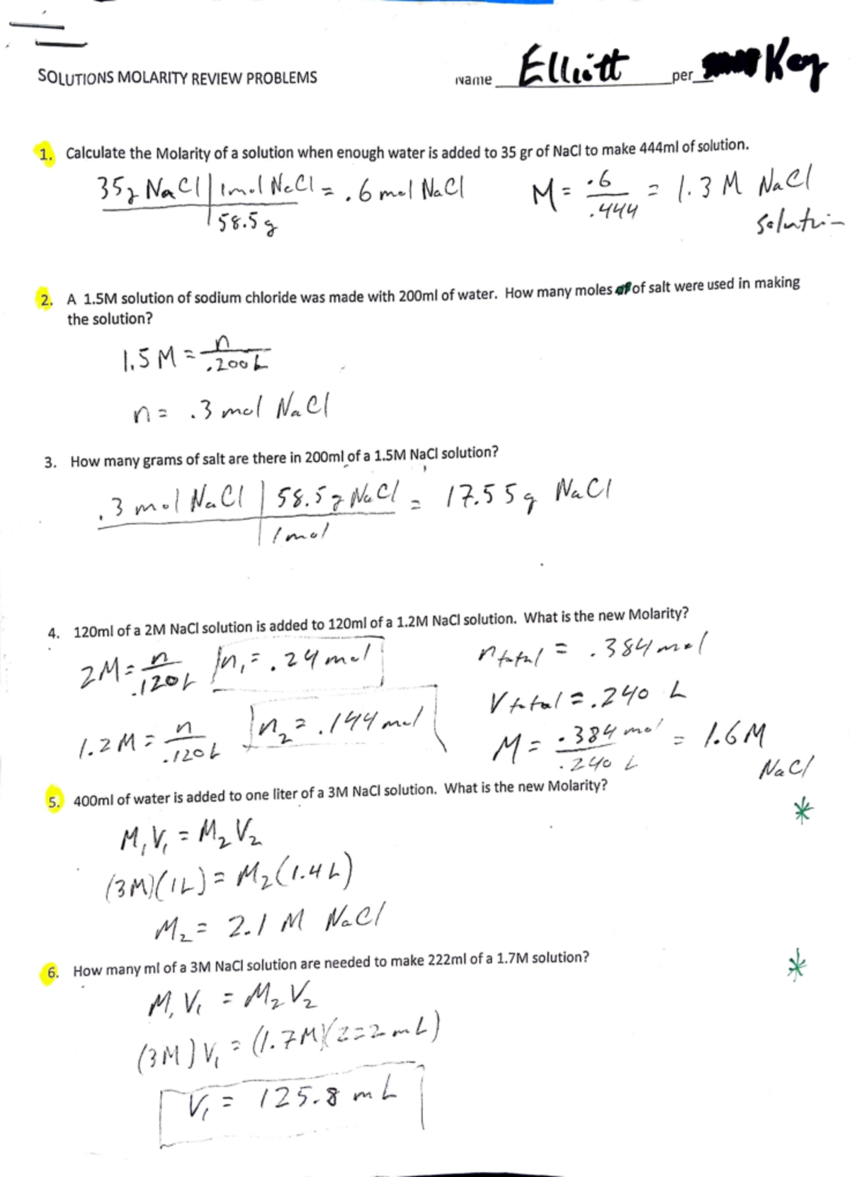 Solutions packet-answers - SOLUTIONS MOLARITY REVIEW PROBLEMS 1 ...