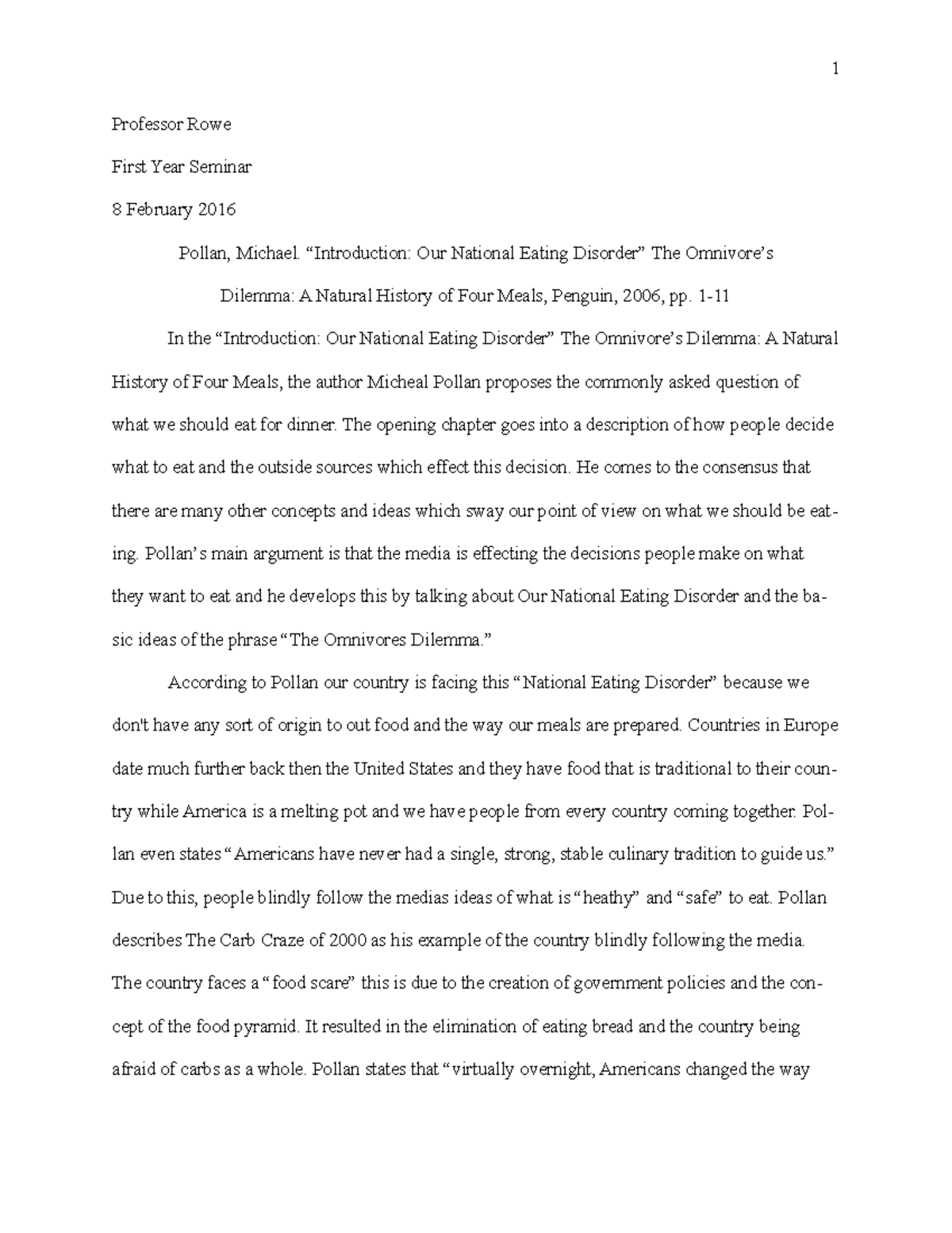 National eatind disorder essay - 1 Professor Rowe First Year Seminar 8 ...