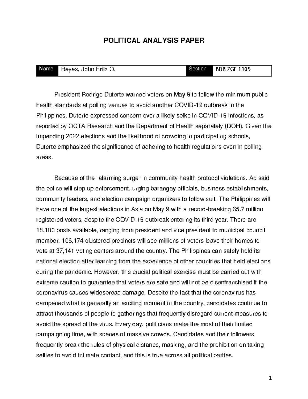 Activity 2 Reyes - vEssay - POLITICAL ANALYSIS PAPER Name Reyes, John ...