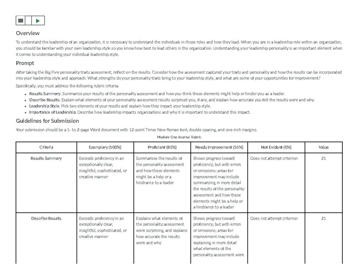 Module One Journal Guidelines and Rubric - BUS-210-R5978 Managing Leading in Business 23EW5 ...