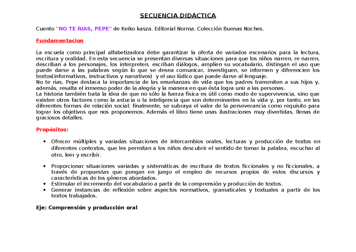 Secuencia NO TE RIAS PEPE 2 - SECUENCIA DIDÁCTICA Cuento “NO TE RIAS ...