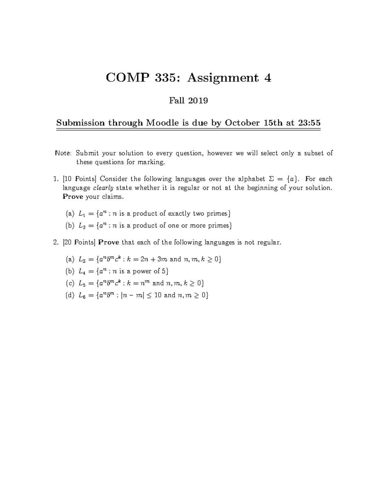 Asg4 - COMP 335 assignment 4 - COMP 335: Assignment 4 Fall 2019 Submission through Moodle is due ...