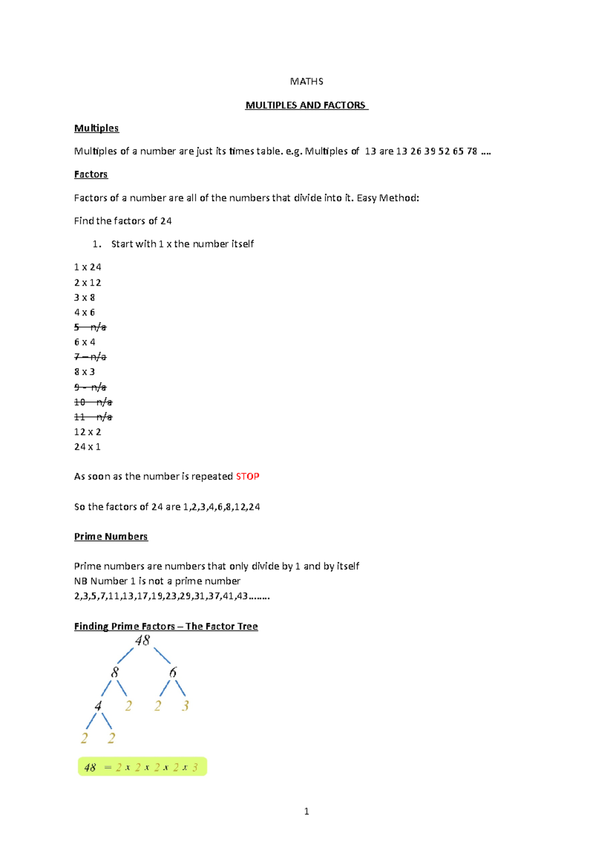 Maths Multiples and Factors - Studocu