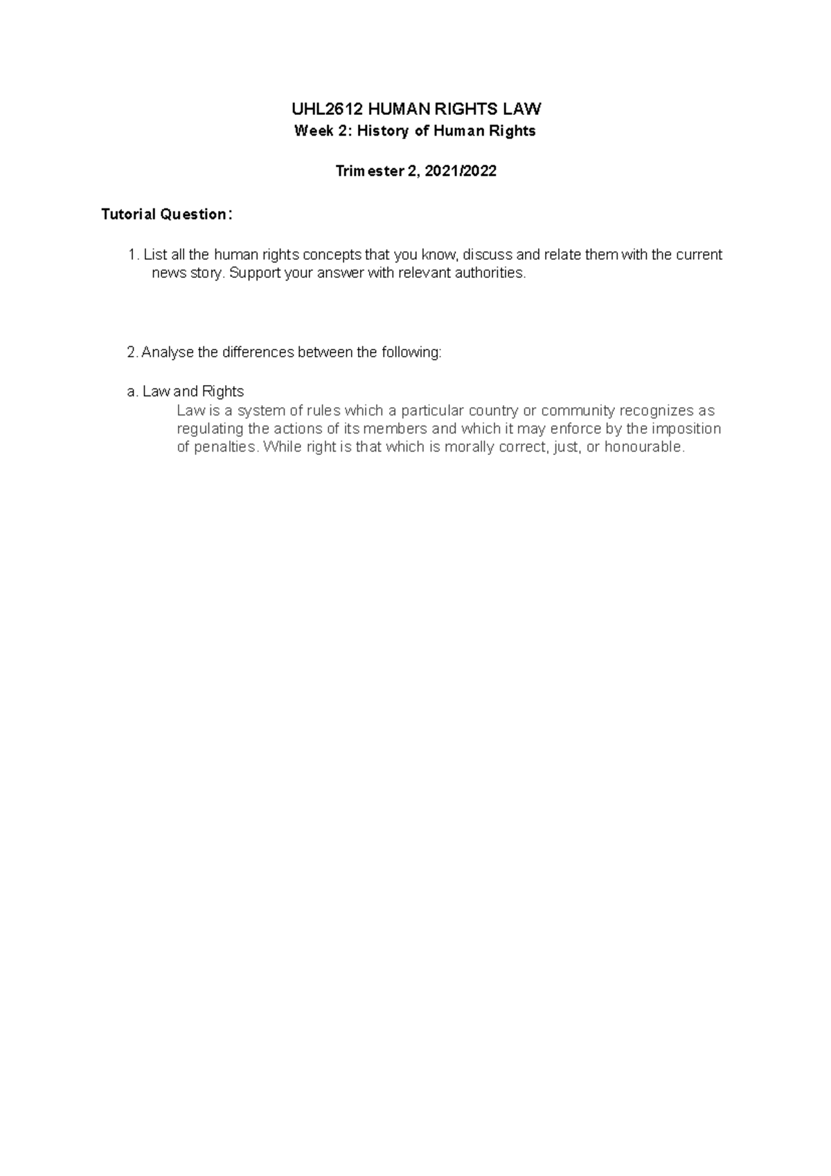 (W2) History of Human Rights - UHL2612 HUMAN RIGHTS LAW Week 2: History ...