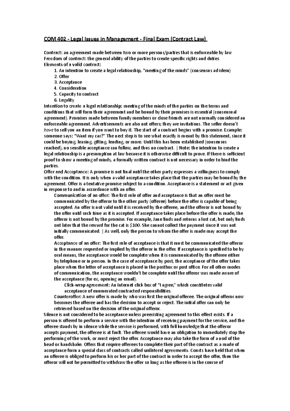 Final Exam Notes 2019 - Summary Legal Issues in Management - COM 402 ...