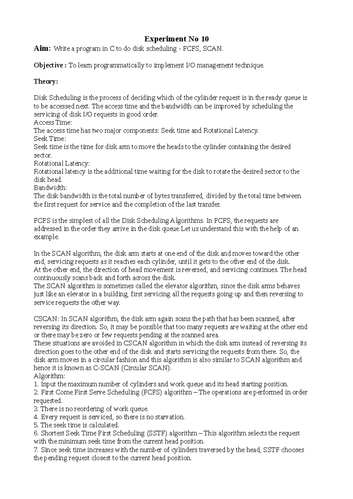 Osexpt 10 - Experiment No 10 Aim: Write a program in C to do disk scheduling - FCFS, SCAN ...