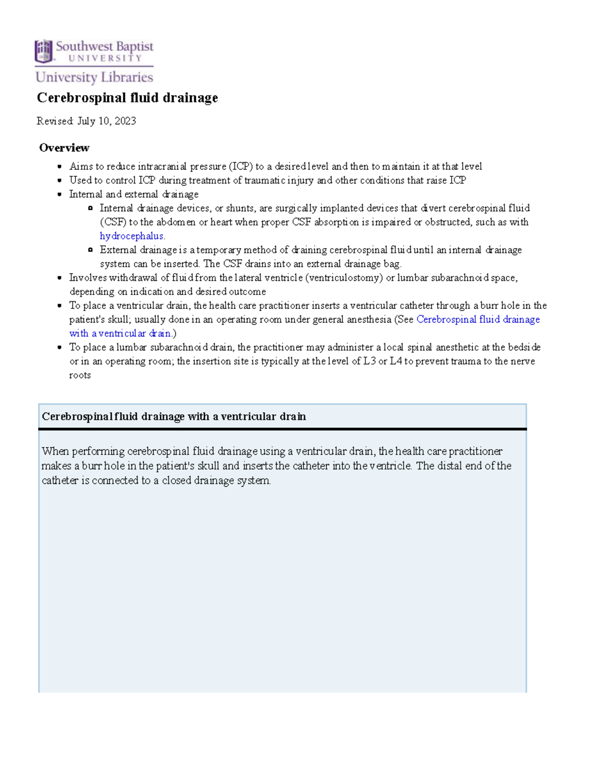 CSF Drainage - Notes - Cerebrospinal fluid drainage Revised: July 10 ...