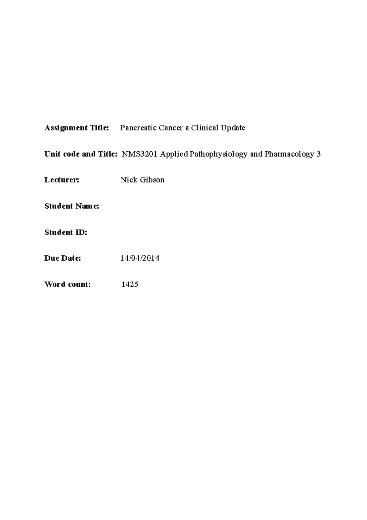 Science 2 assgmt - Assignment was on the Pancreatic Cancer - Assignment ...
