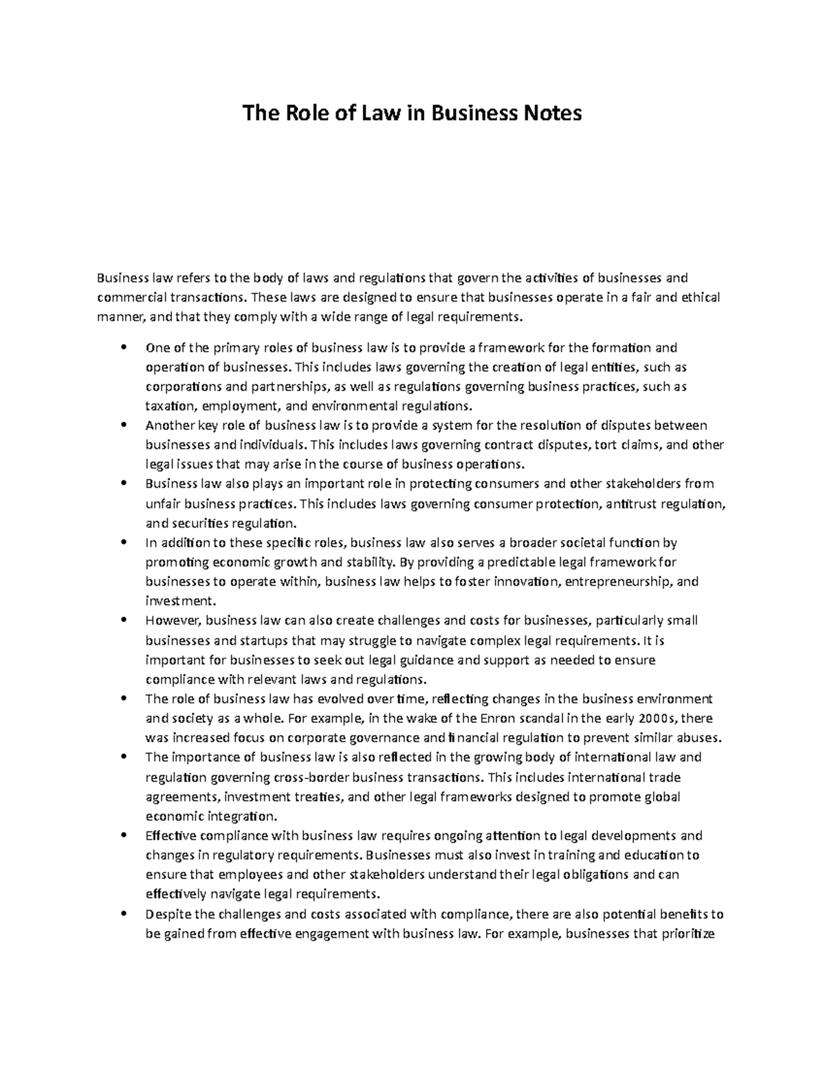 Business Law I BUSI201 notes 1 - The Role of Law in Business Notes ...