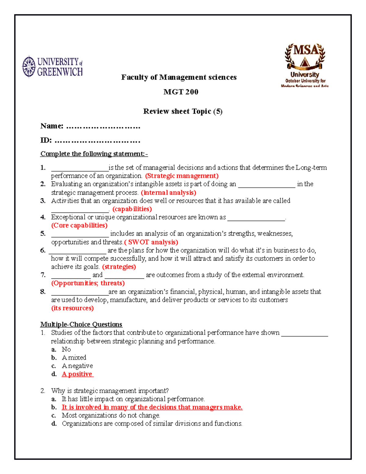 Review Sheet Topic {5} Answer - Faculty of Management sciences MGT 200 ...