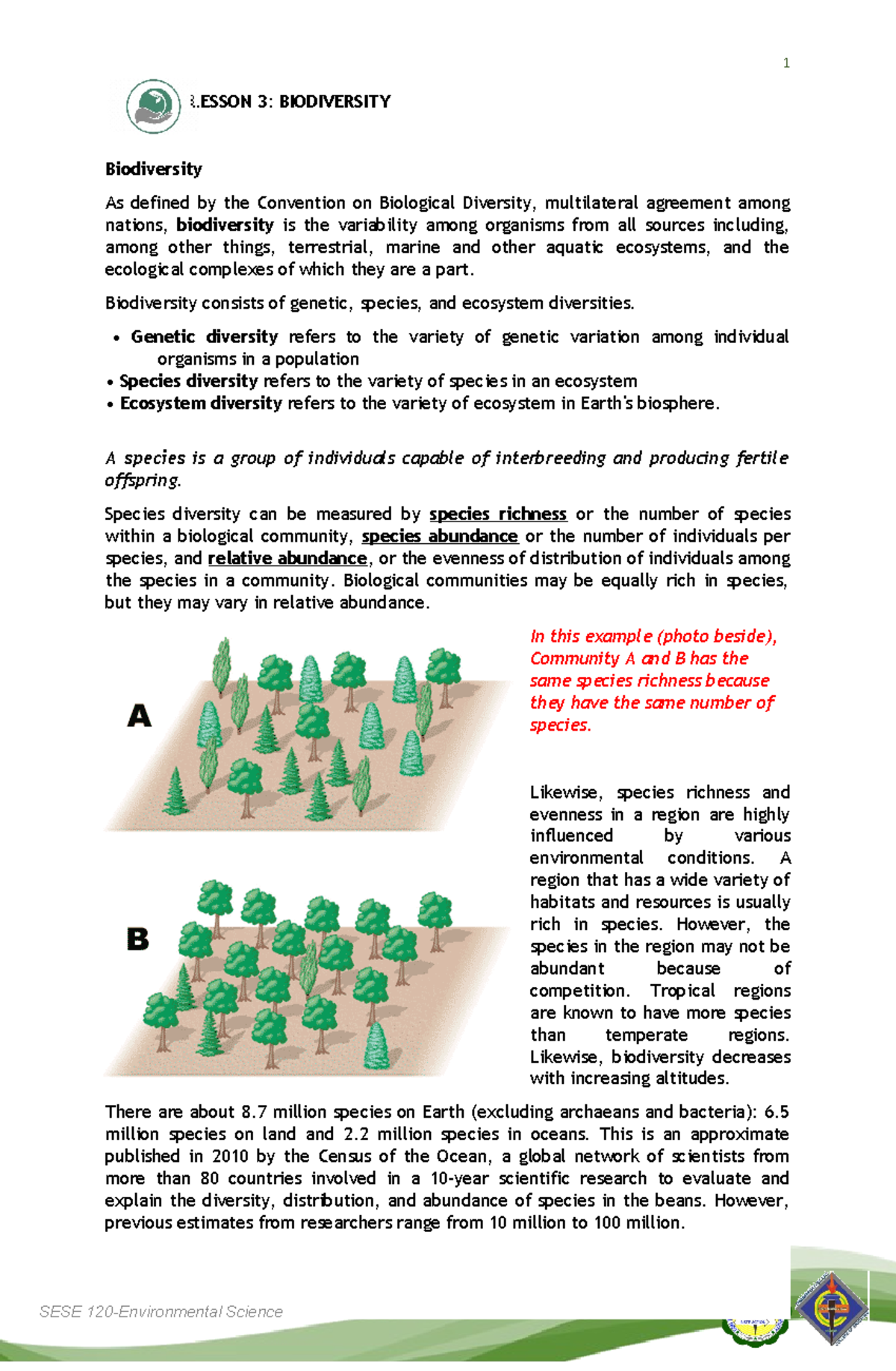 Handout in Biodiversity - LESSON 3: BIODIVERSITY Biodiversity As ...