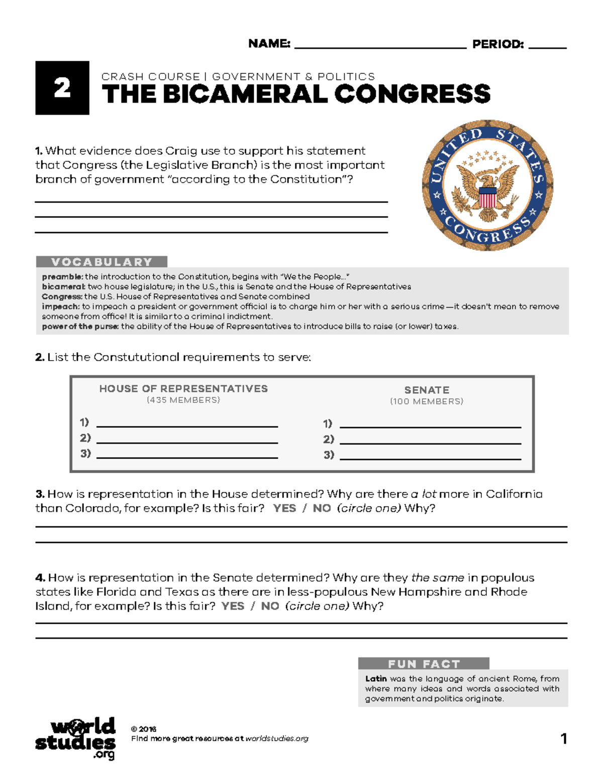 Cash Course Bicameral Congress VG - 1. What evidence does Craig use to ...