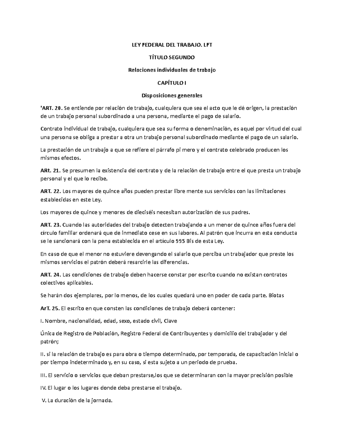 LFT Titulo II Relaciones Individuales DE Trabajo - LEY FEDERAL DEL TRABAJO. LFT TÍTULO SEGUNDO ...