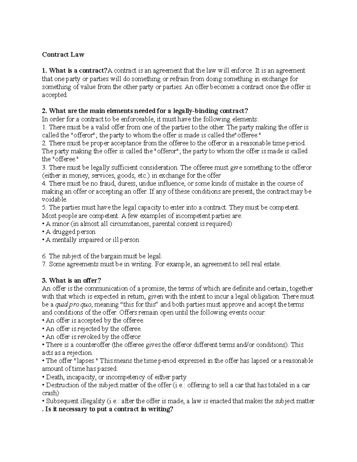 Contract Law - Grade: 1 - Contract Law 1. What is a contract? A ...