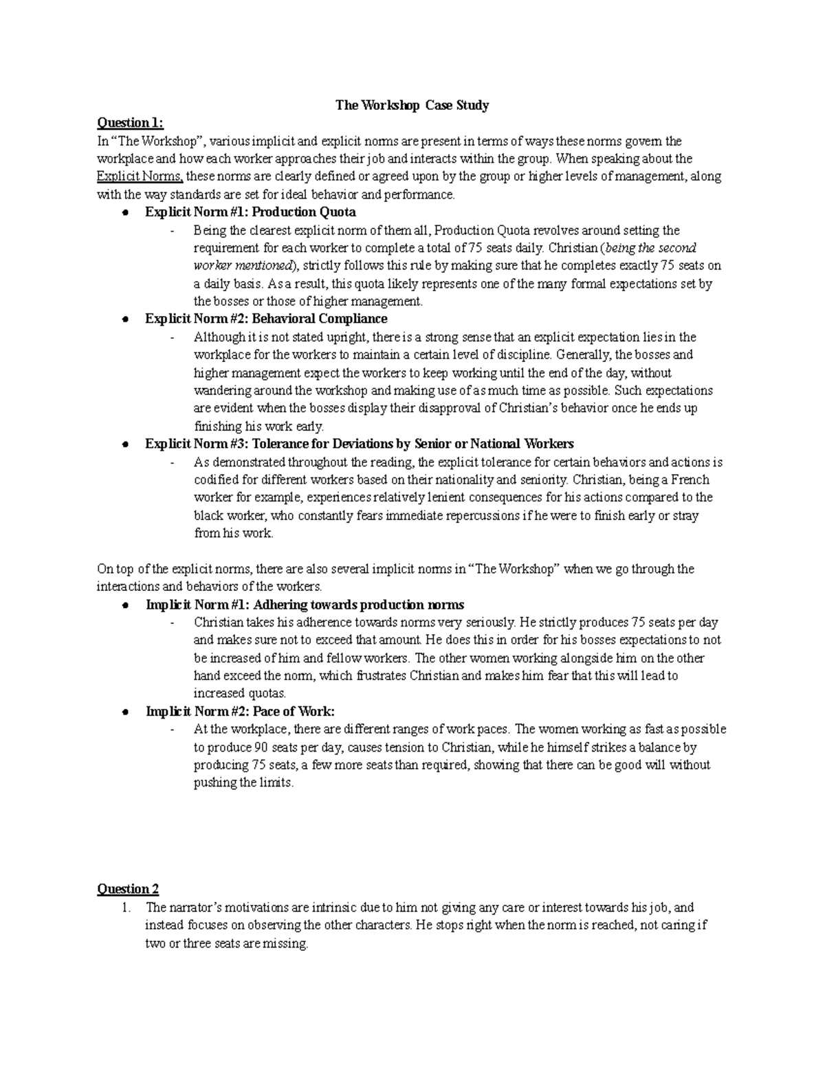 MHR The Workshop Case Study - The Workshop Case Study Question 1: In ...