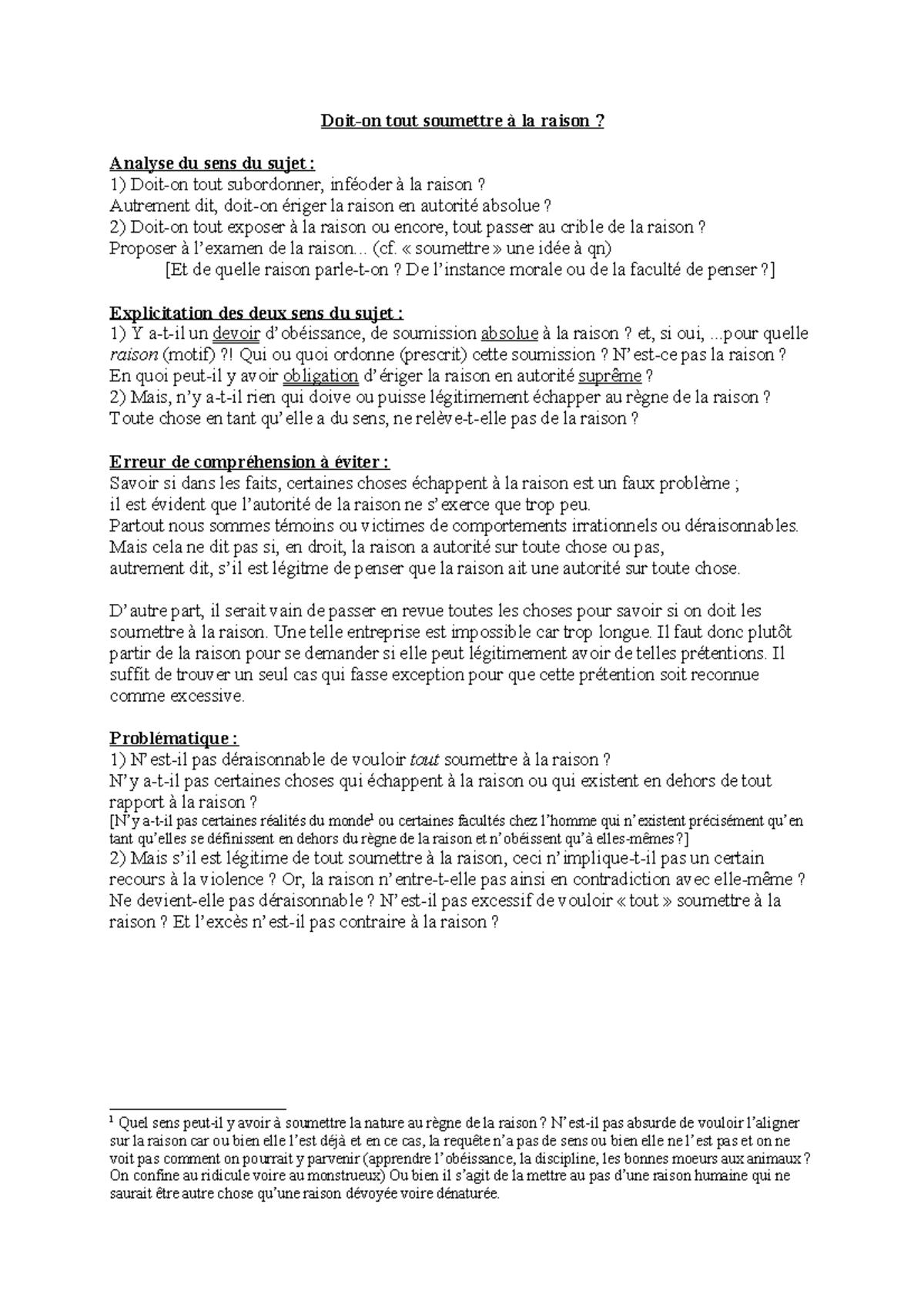Raison - Doit-on tout soumettre à la raison? Analyse du sens du sujet ...