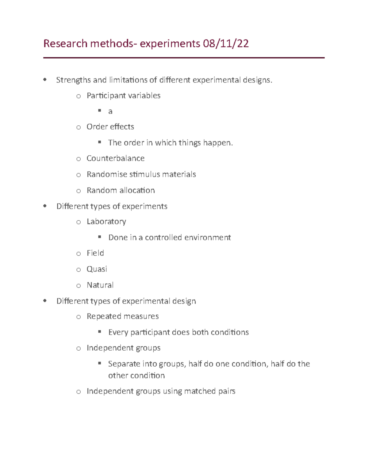 Research methods - o Participant variables a o Order effects The order ...