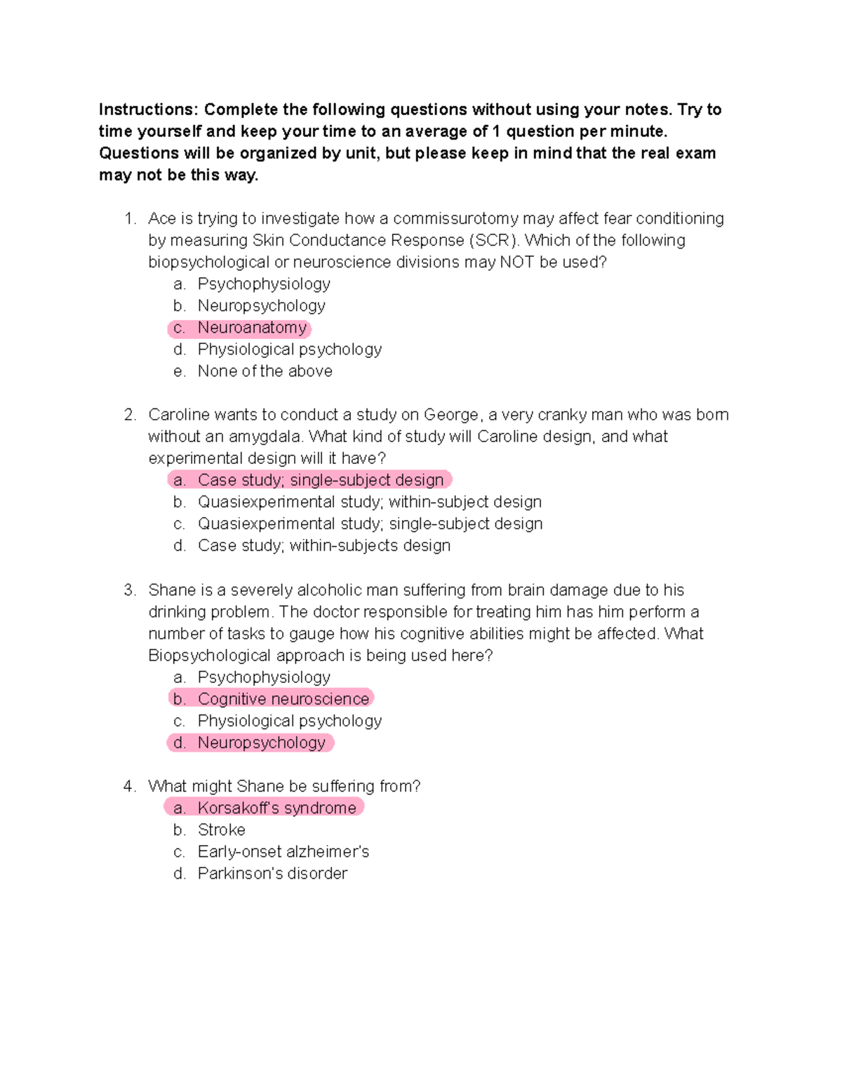 Biopsychology Quiz Questions - Studocu