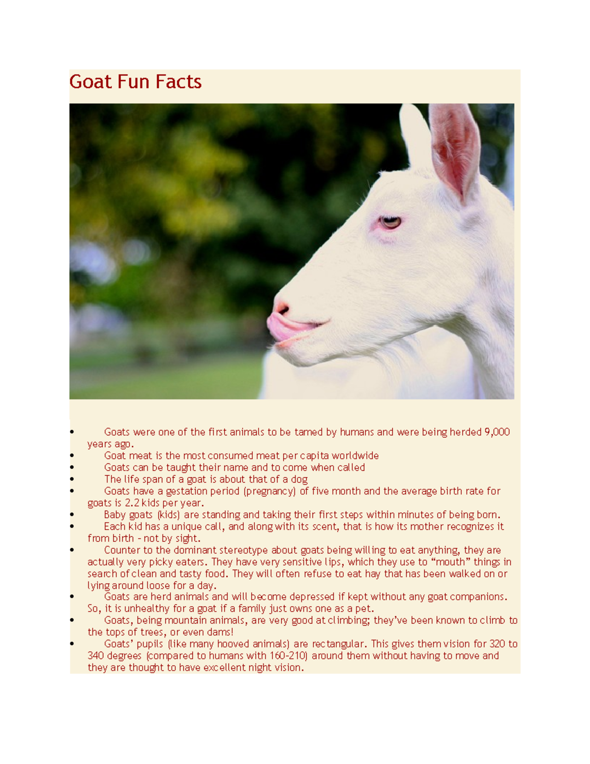 Goat Fun Facts - enjoy learning! - Goat Fun Facts Goats were one of the ...