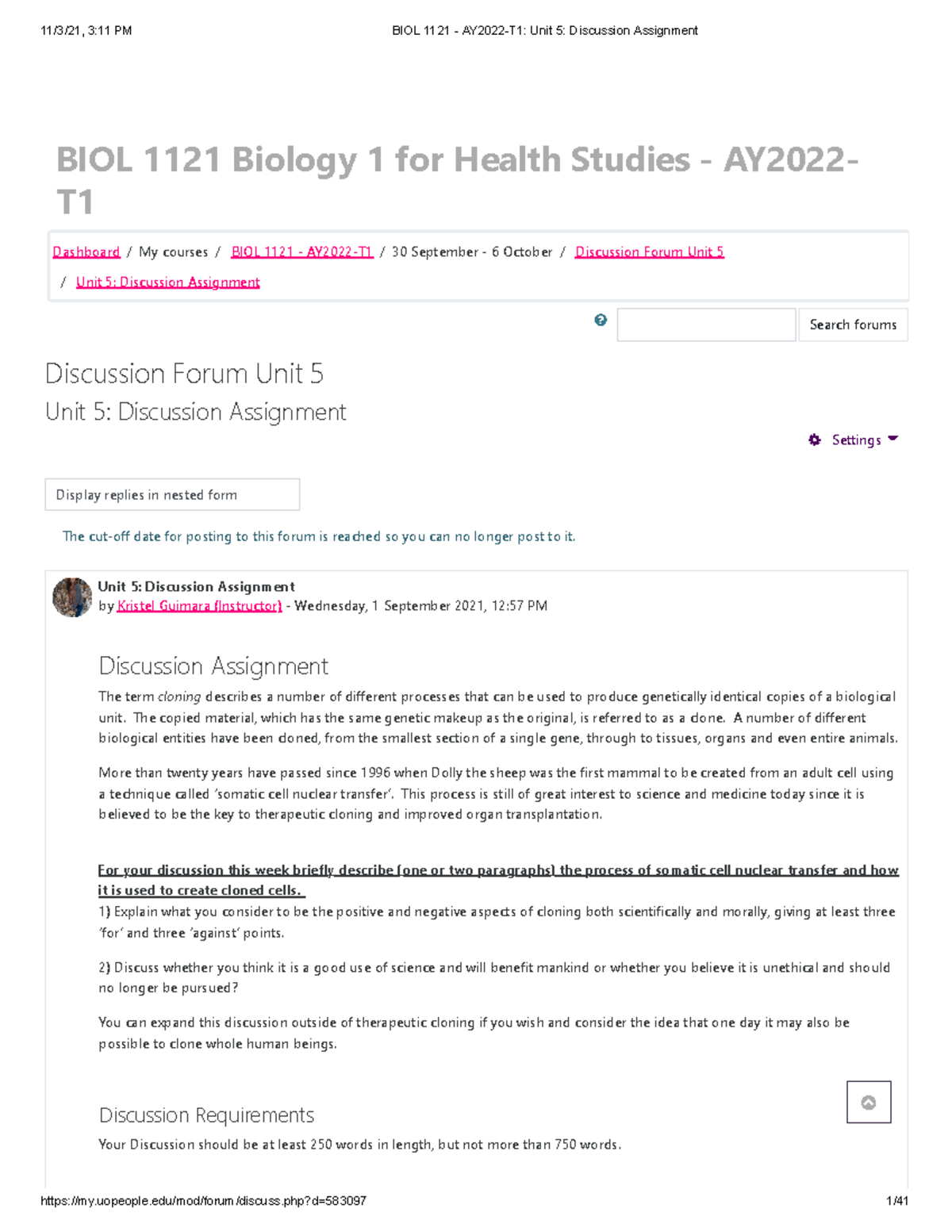BIOL 1121 - AY2022-T1 Unit 5 Discussion Assignment - BIOL 1121 - UoPeople - Studocu