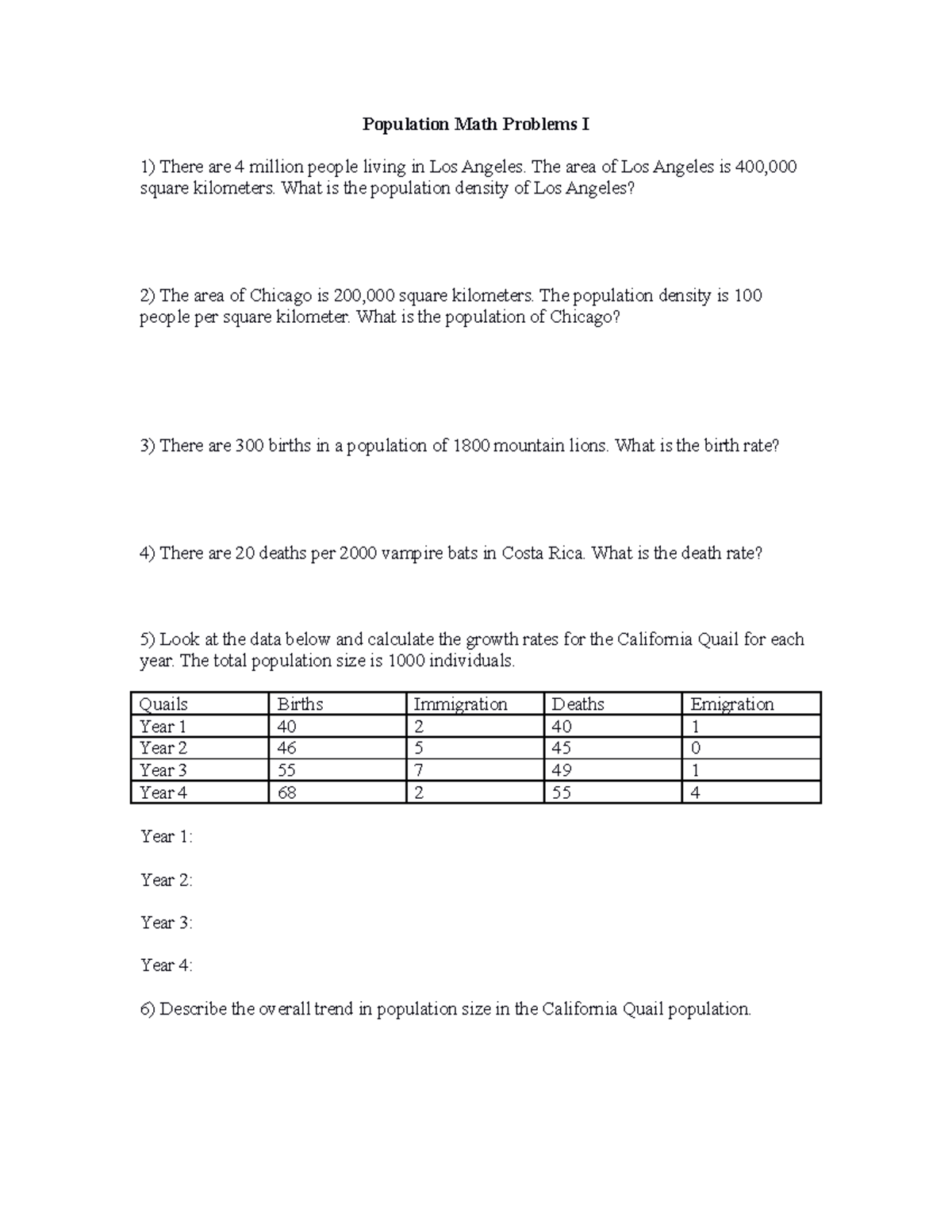 Population math problems - The area of Los Angeles is 400, square ...