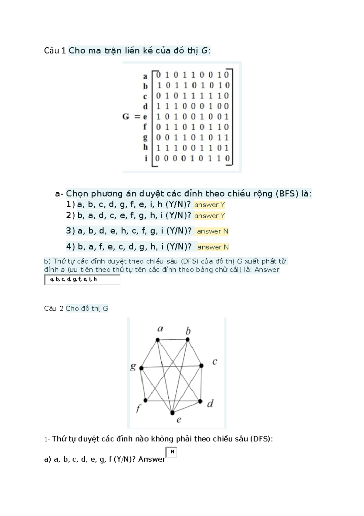 Asd - upokjhgf - Câu 1 Cho ma trận liền kề của đồ thị G: a- Chọn phương ...