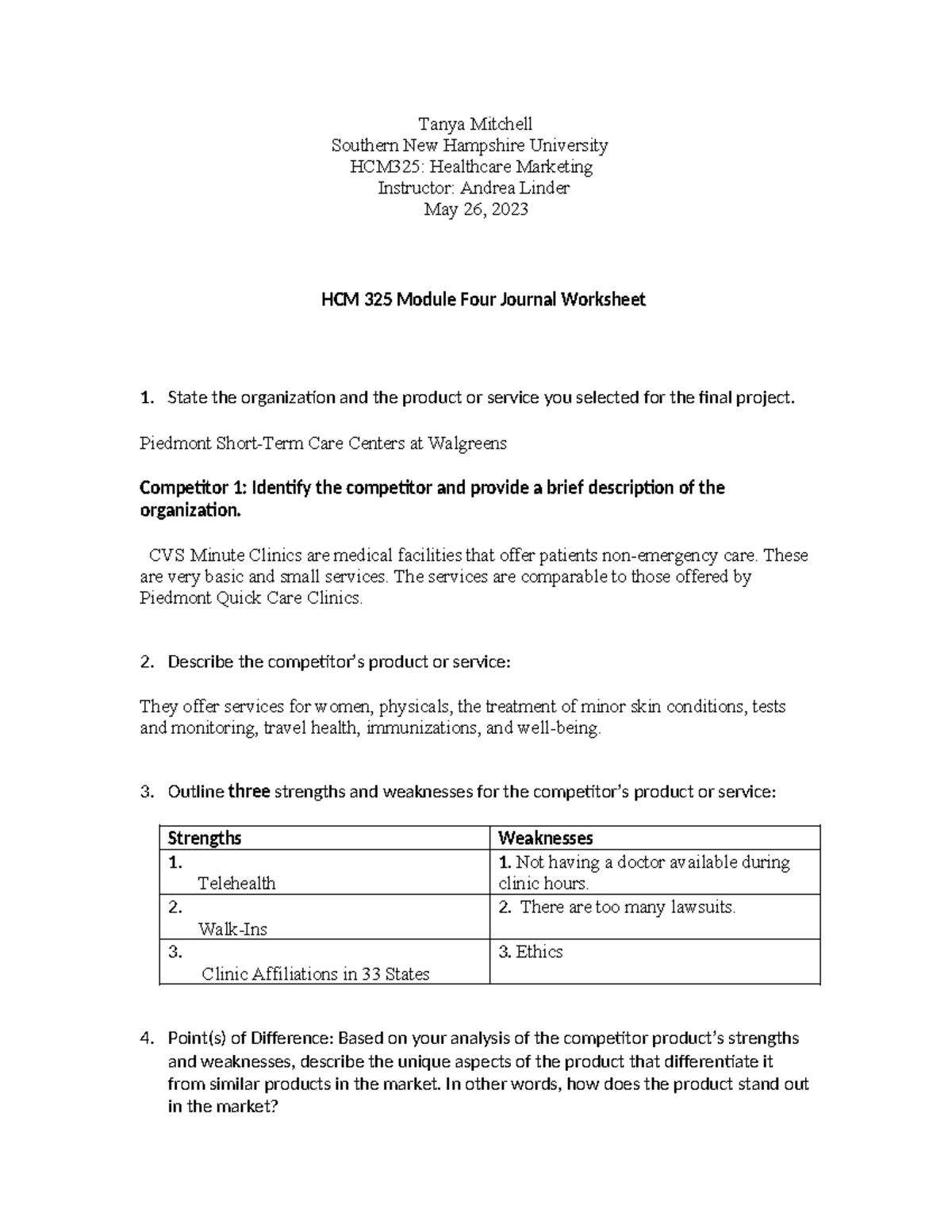 HCM 325 Module Four Journal Worksheet - Tanya Mitchell Southern New ...