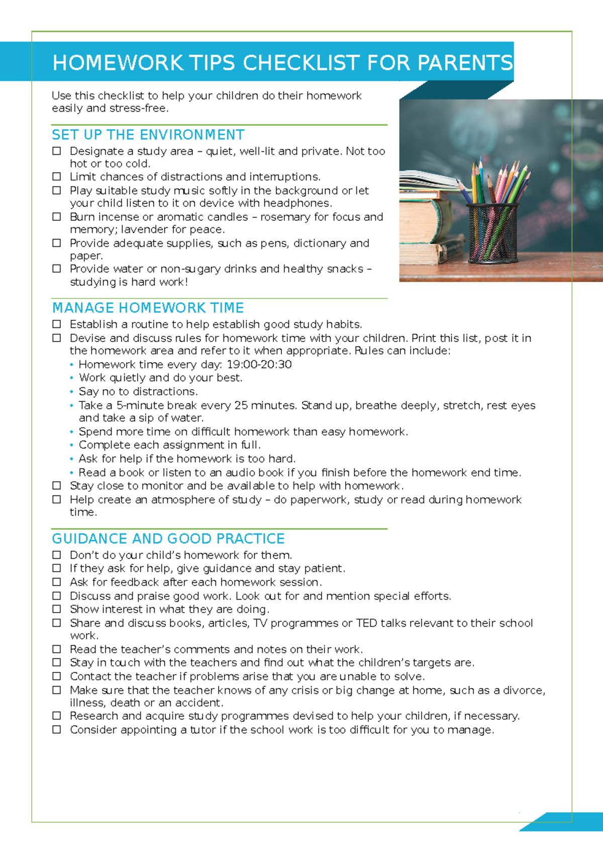 Homework Tips Checklist for Parents - HOMEWORK TIPS CHECKLIST FOR ...