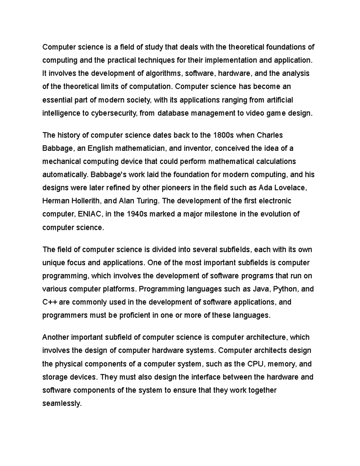 Studoc-3 - Class notes - Computer science is a field of study that ...