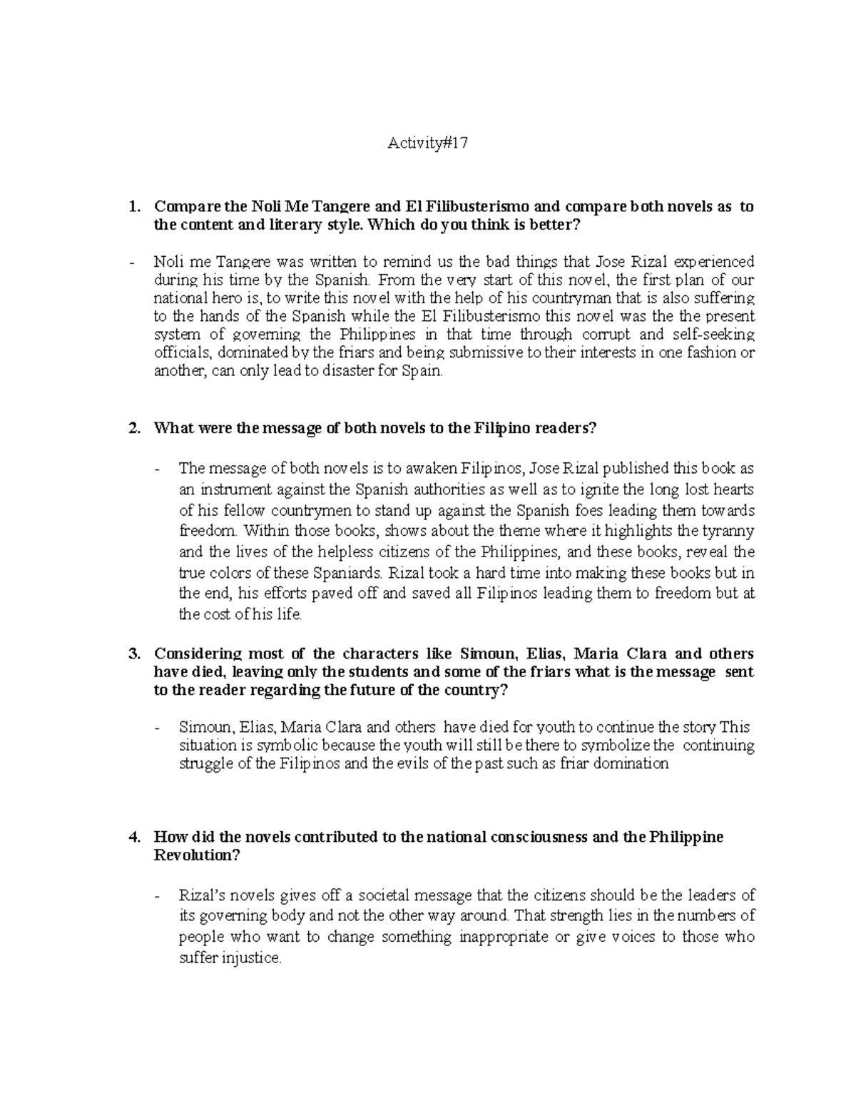 PH17-18 - Rizal-Chapter-17-18 - Activity# Compare the Noli Me Tangere and El Filibusterismo and ...