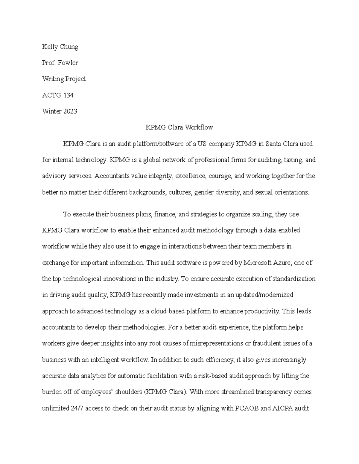 KPMG Clara Workflow Essay - Kelly Chung Prof. Fowler Writing Project ...