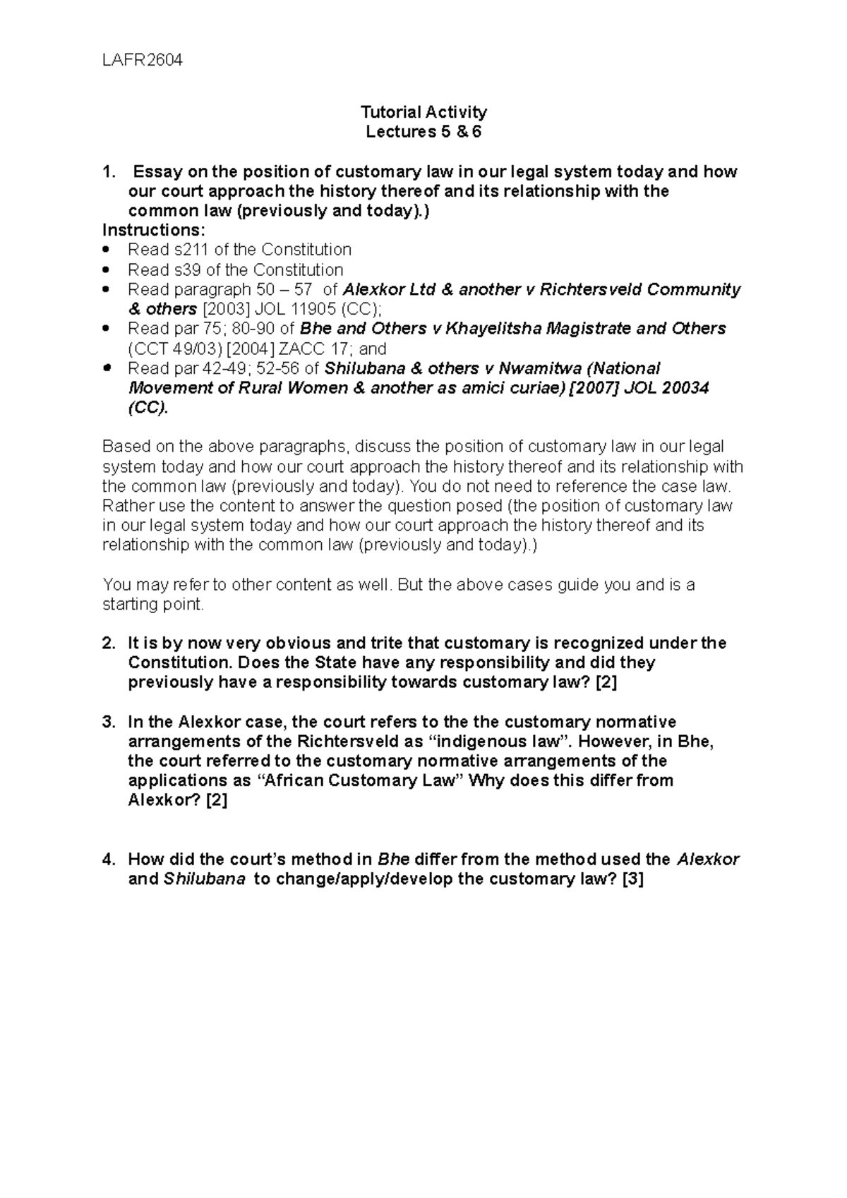 Tutorial Activity Lectures 5 And 6 Lafr2604 Lafr Tutorial Activity Lectures 5 And 6 Essay On