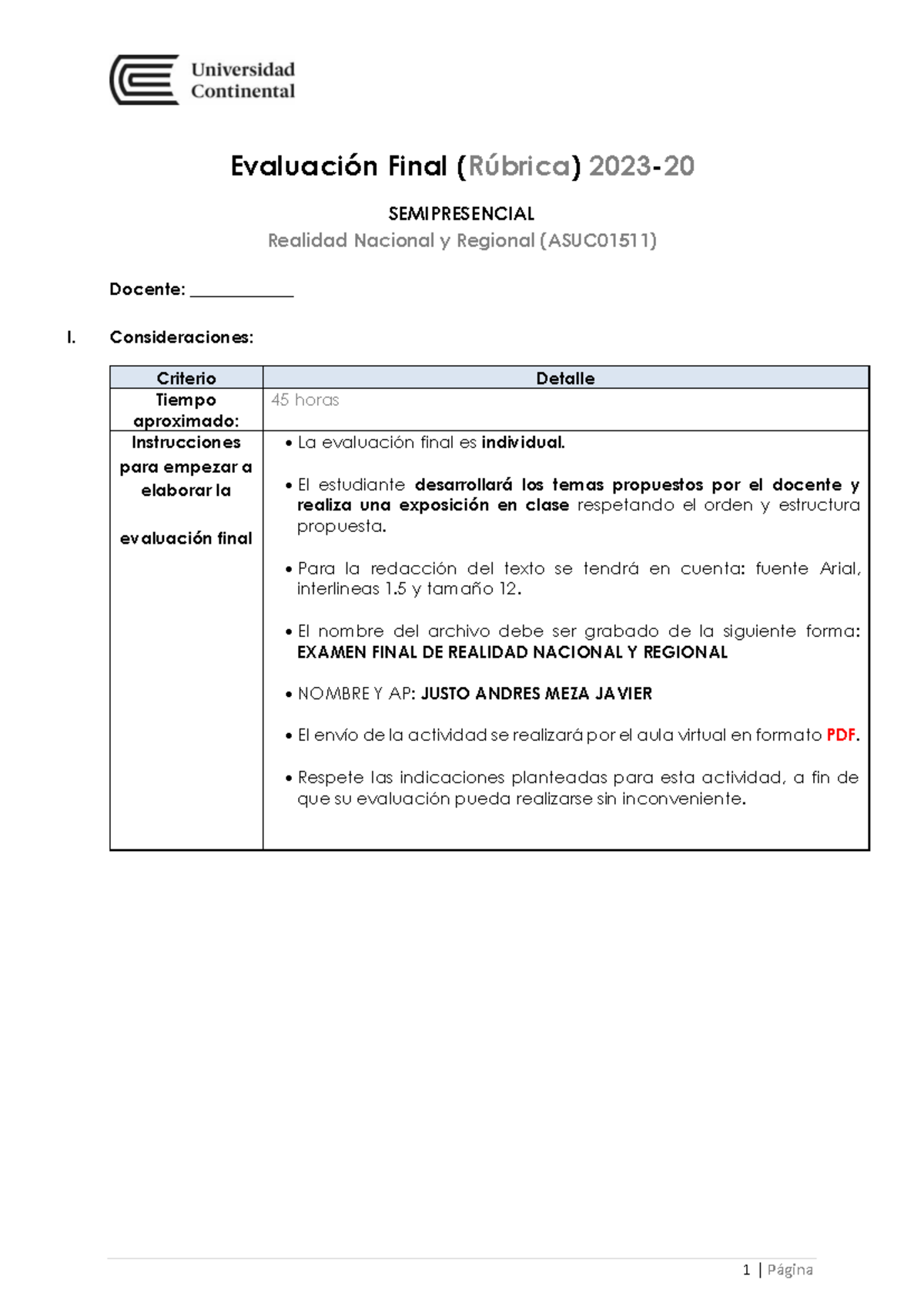Evaluacion Final DE Realidad Nacional Y Regional - Evaluación Final (Rúbrica) 2023 ...