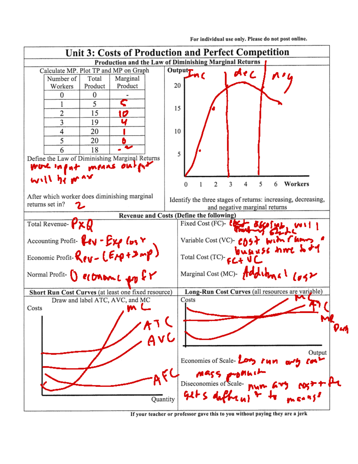 Perfect Competition Review Sheet - Inc dec neg ¥ :# % more input means ...