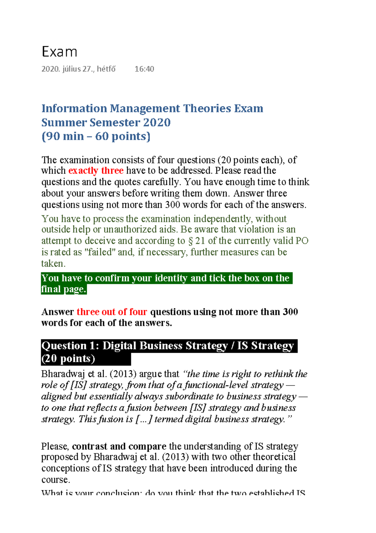 Exam 2020 questions - Information Management Theories Exam Summer ...