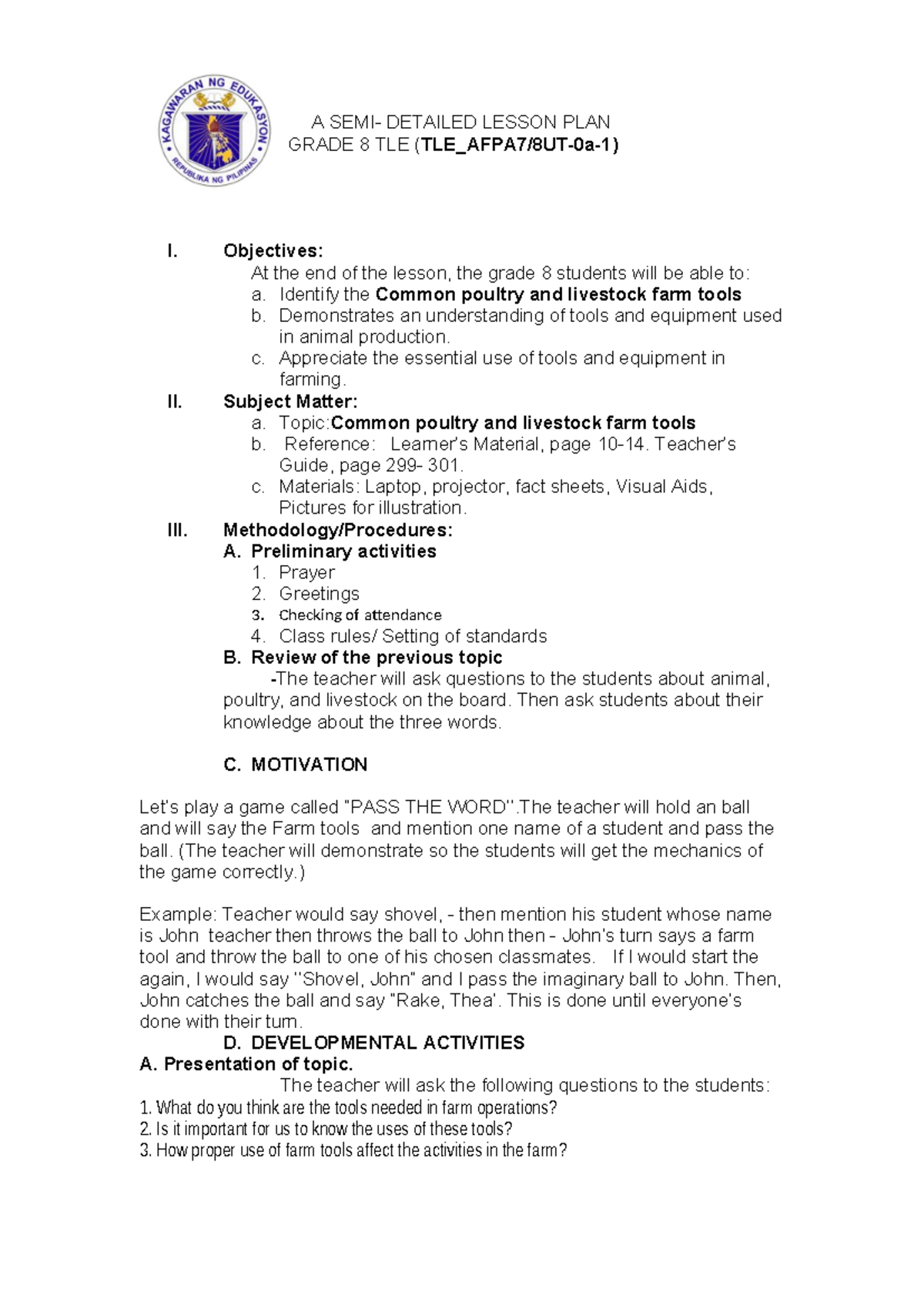 A SEMI.docx Leson Plan Grade 8 - A SEMI- DETAILED LESSON PLAN GRADE 8 ...
